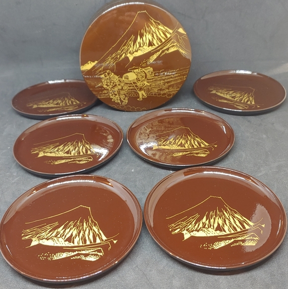 Dining | Vintage Brown Lacquer Ware Coaster Set Mount Fuji Hand Painted ...